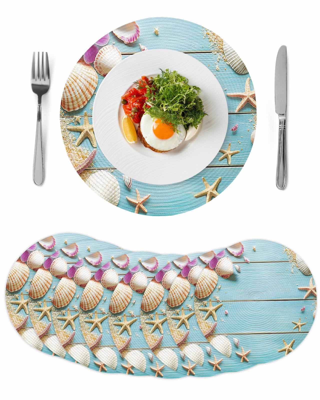 Beach Coastal Round Table Placemats set of 8, Farmhouse Starfish Shell ...