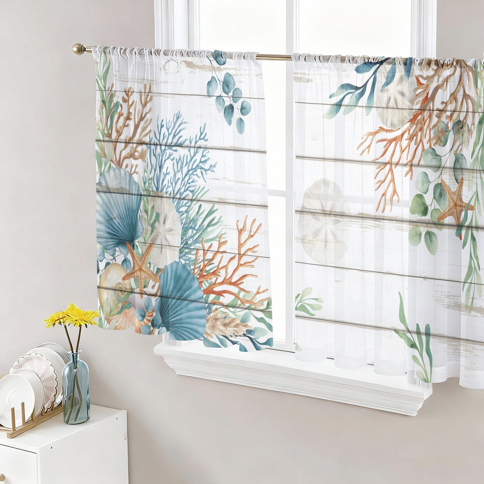 Beach Coastal Semi Sheer Curtains 45 Inch Length 2 Panels Set,Summer ...
