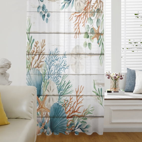 Beach Coastal Sheer Curtains 72 Inch Length, Light Filtering Voile ...
