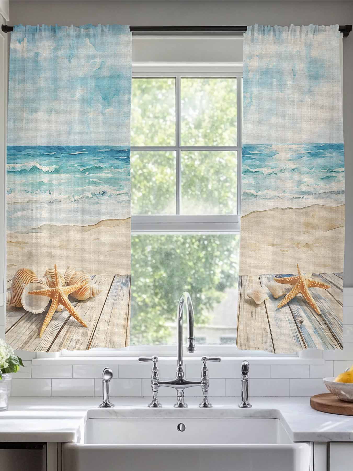 Beach Coastal Sheer Curtains for Living Room Bedroom Watercolor Ocean ...