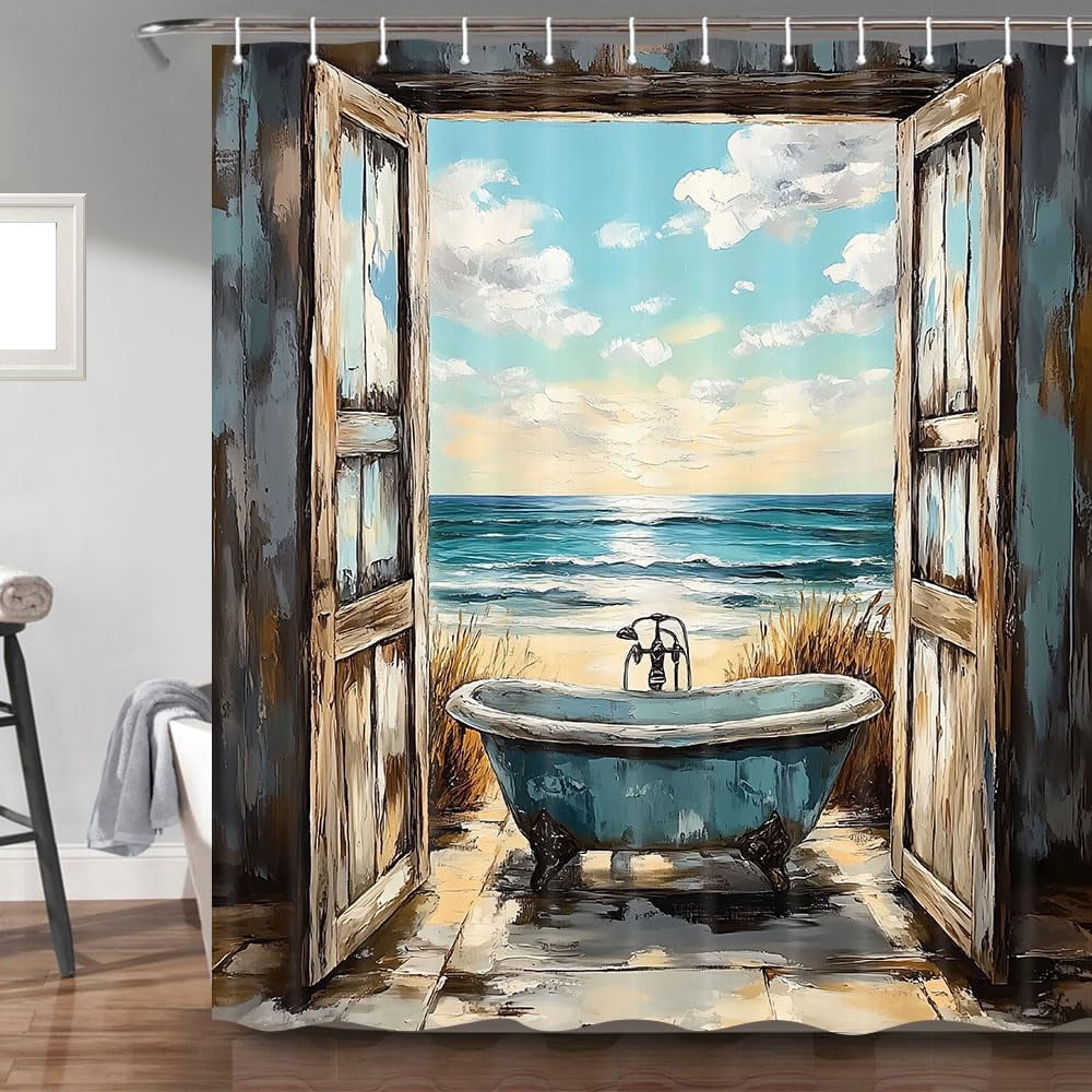 Beach Coastal Shower Curtain, Teal Ocean Sunrise Seaside Seascape ...