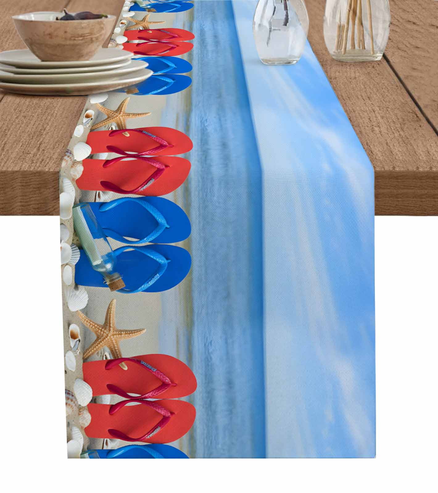 Beach Coastal Slippers Burlap Cotton Table Runner 13x120 Inches Long ...
