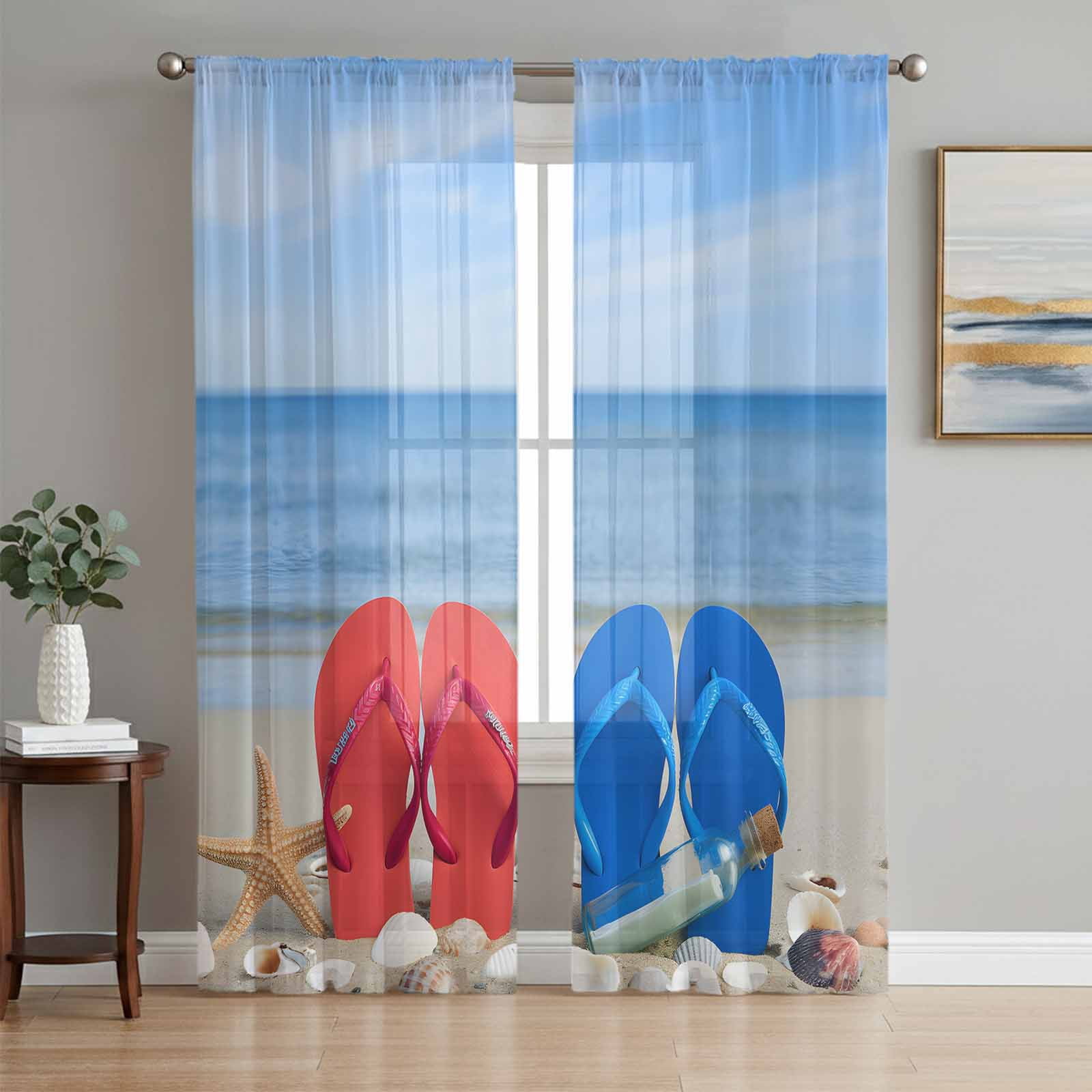 Beach Coastal Slippers Sheer Curtains 84 Inch Length 2 Panels Set ...