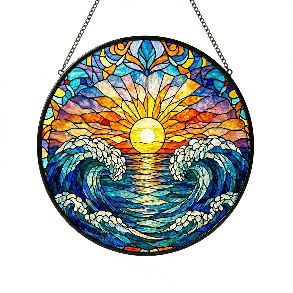 Beach Coastal Stained Glass Suncatcher, Ocean Waves and Sunset Round ...