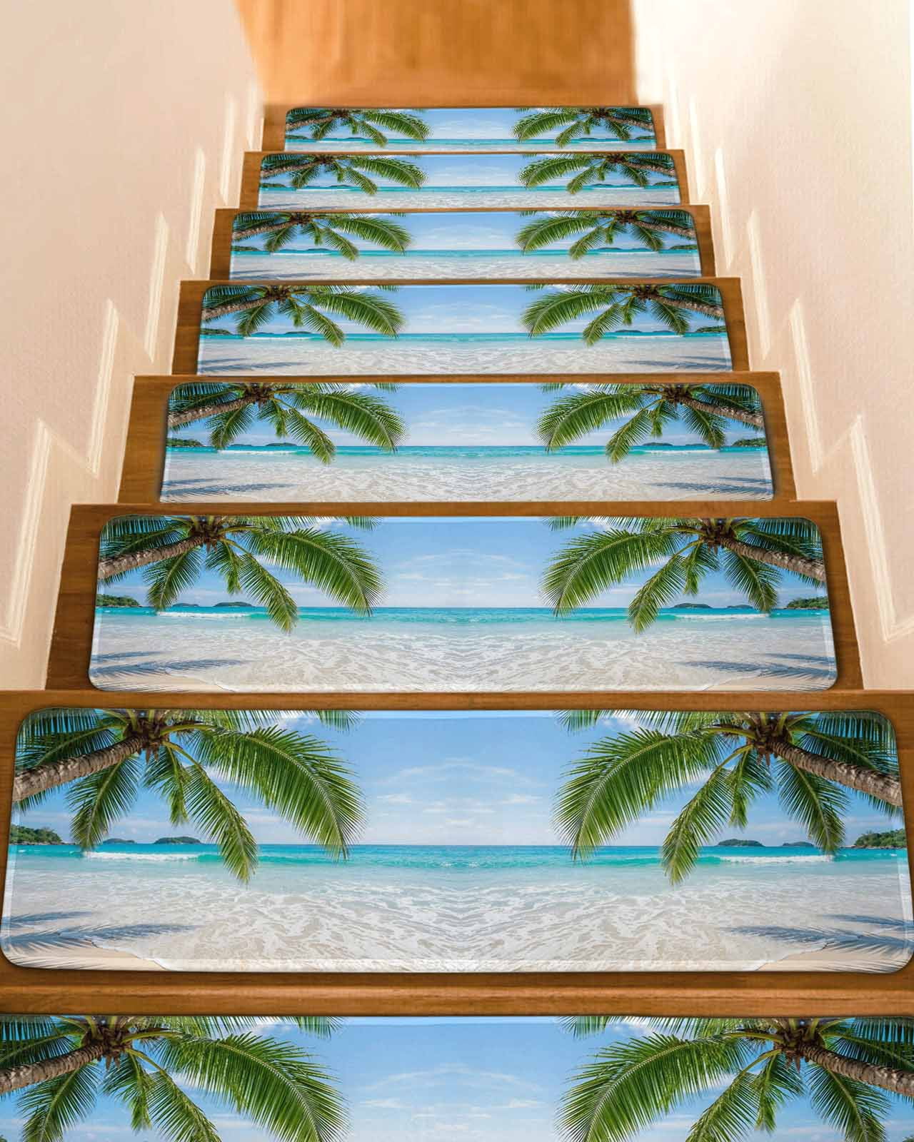 Beach Coastal Stair Treads Starfish Palm Tree Sky Tropical Indoor Non ...