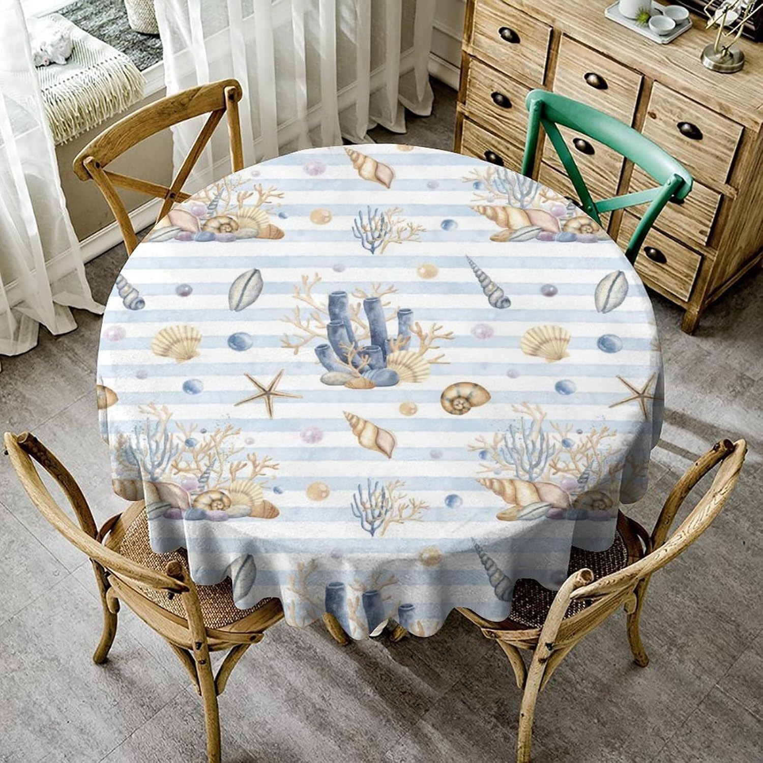 Beach Coastal Tablecloth, Rustic Striped Background Navy Blue Brown ...