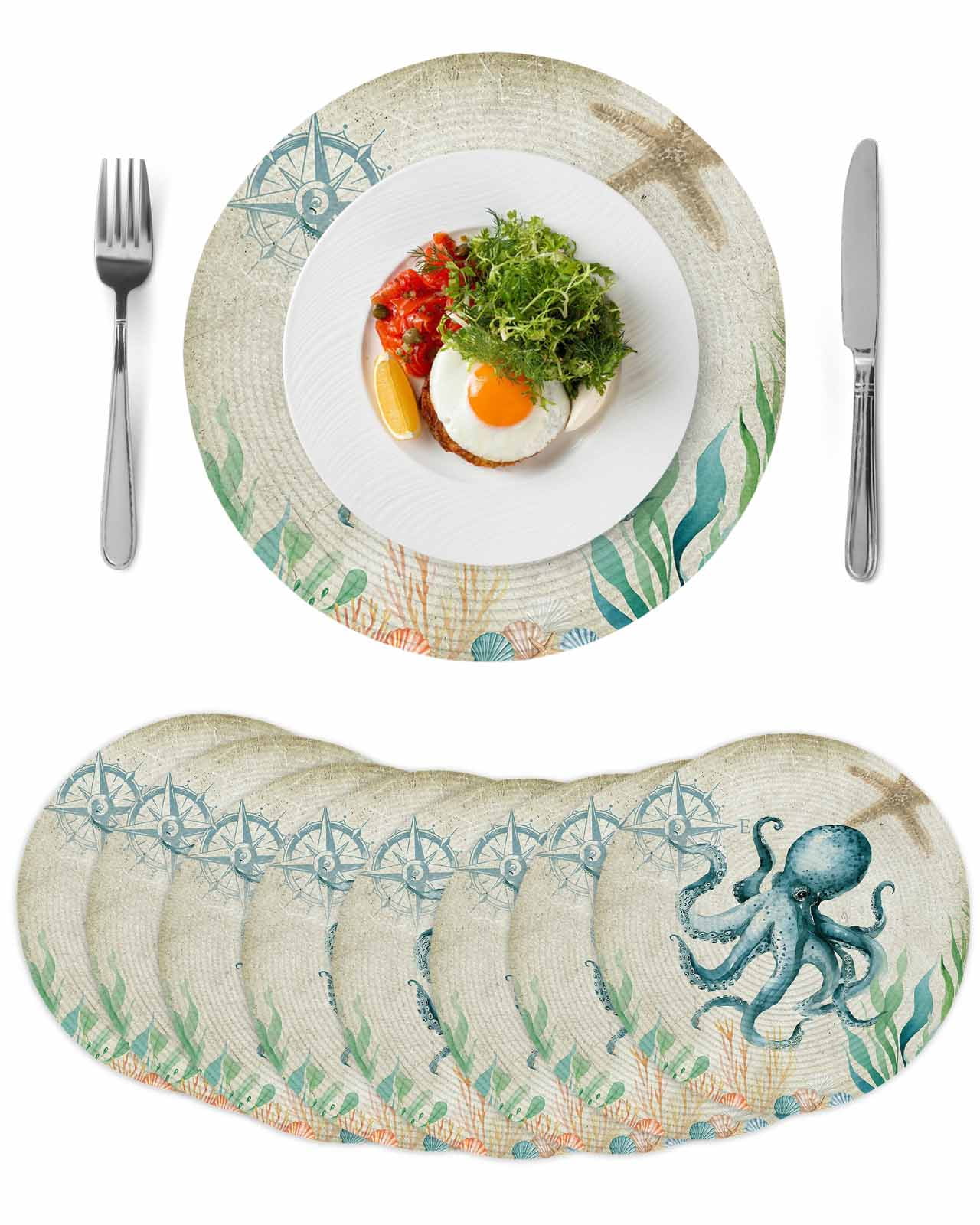 Beach Coastal Theme Round Table Placemats set of 8, Vintage Sea Octopus ...