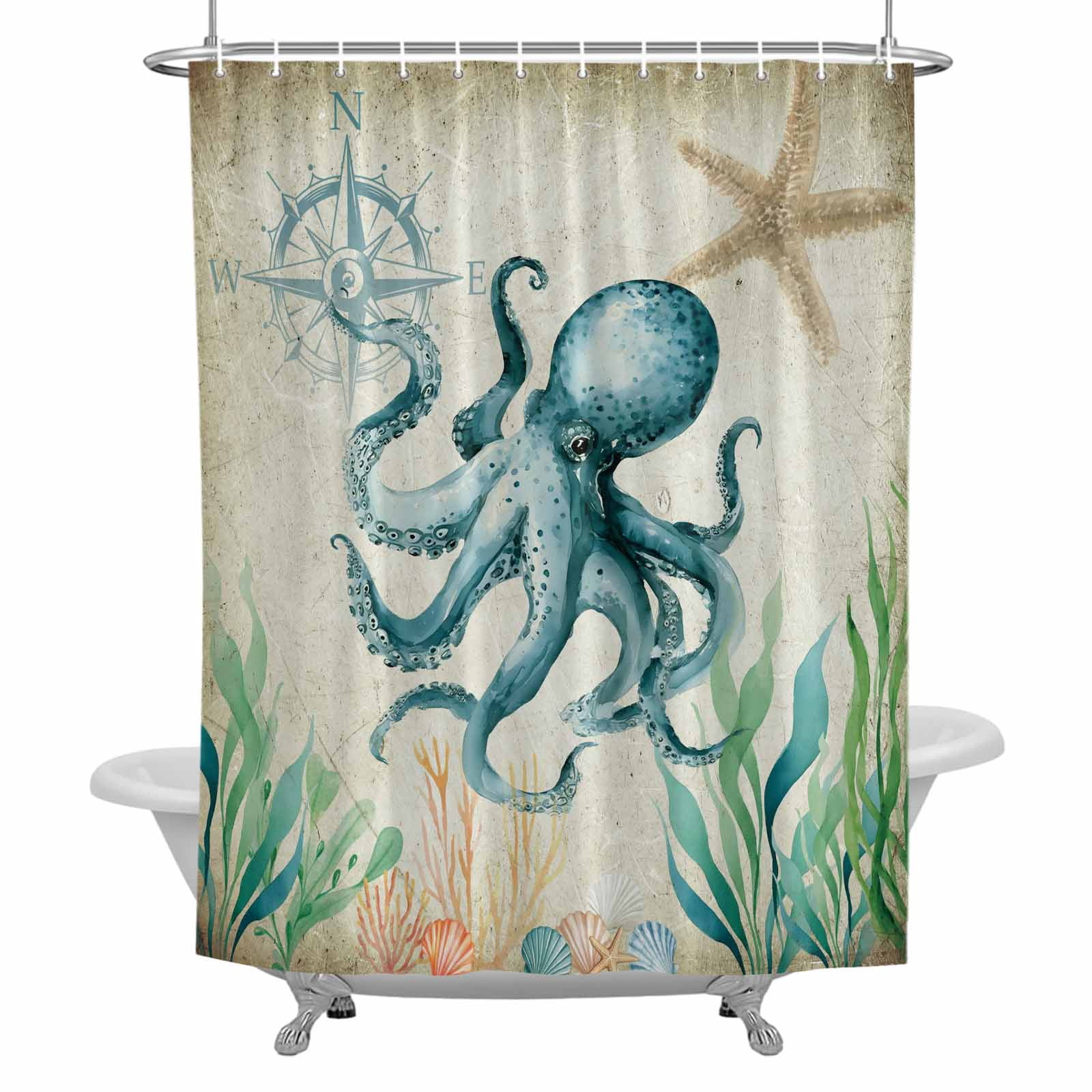 Beach Coastal Theme Shower Curtain Set with Hooks, Vintage Sea Octopus ...