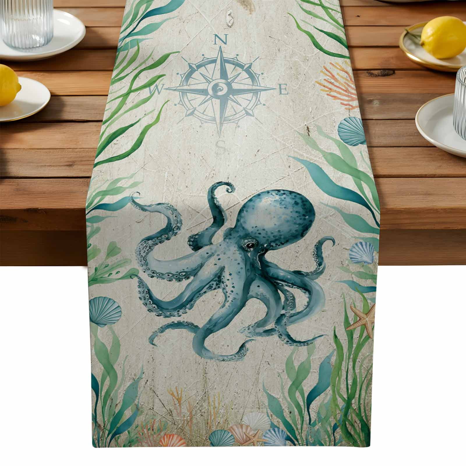 Beach Coastal Theme Table Runner, Vintage Sea Octopus Cotton Linen ...