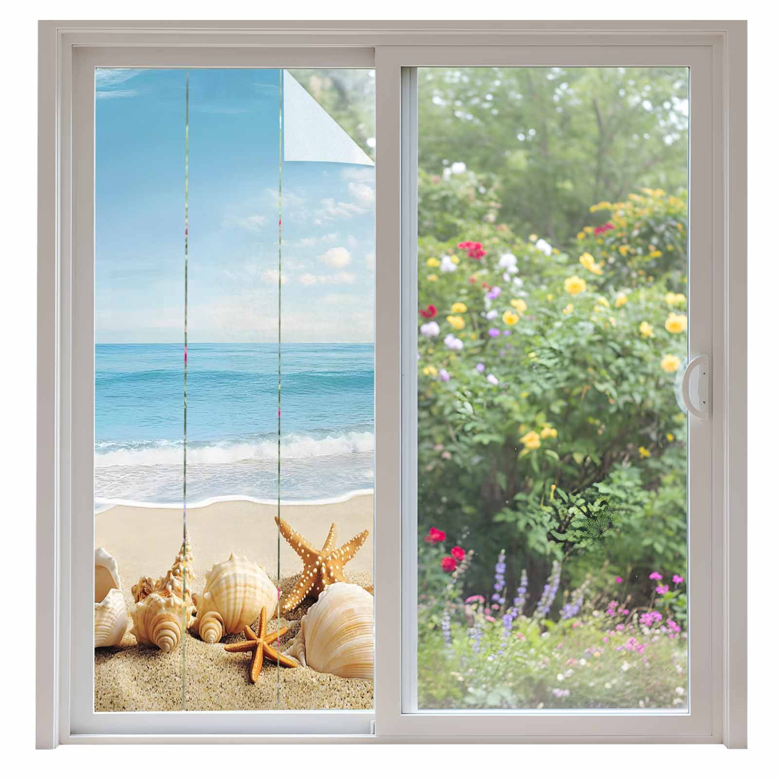 Beach Coastal Window Privacy Film, Summer Seaside Shell Starfish ...