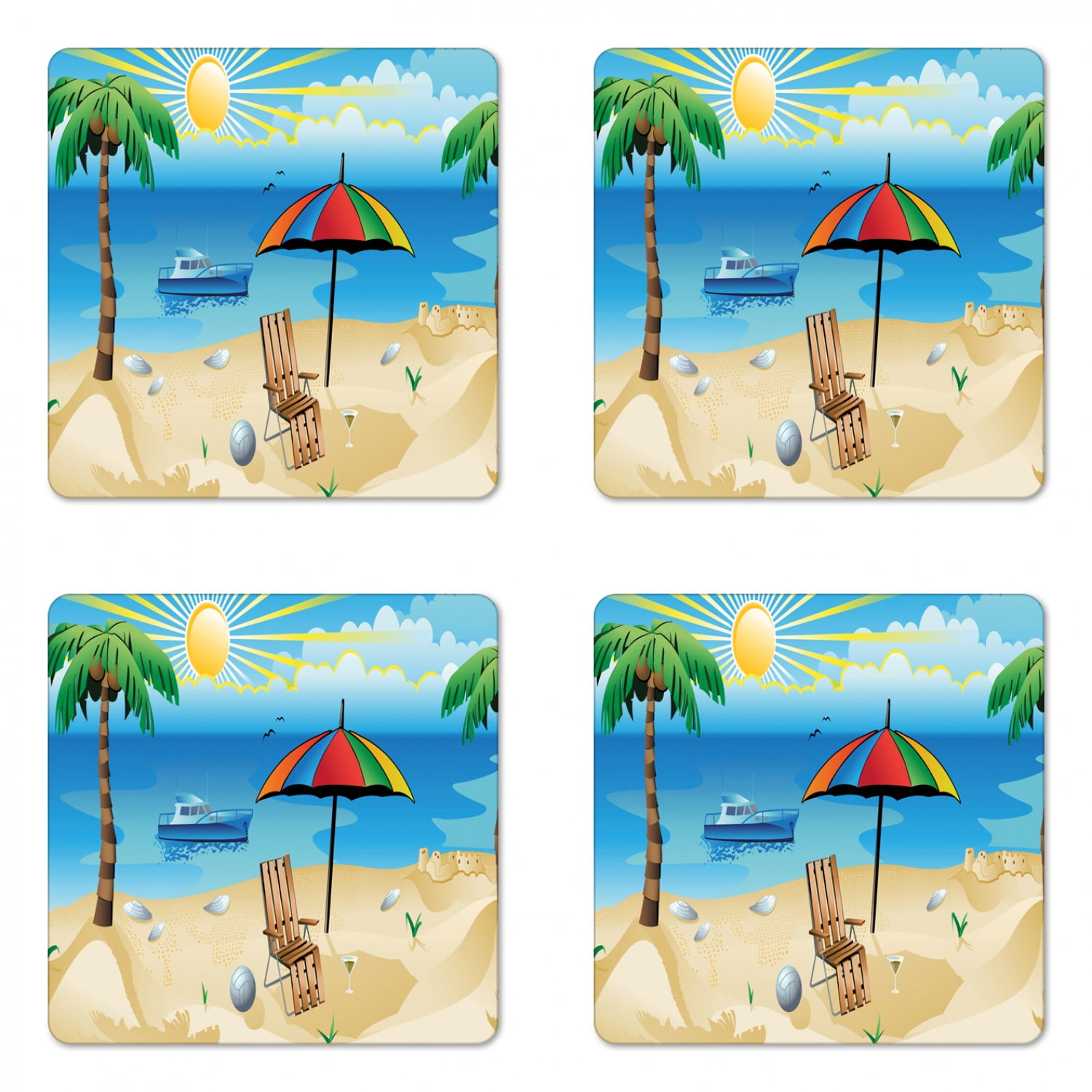 Beach Coaster Set of 4, Colorful Cartoon Style Coast Pattern Boat ...