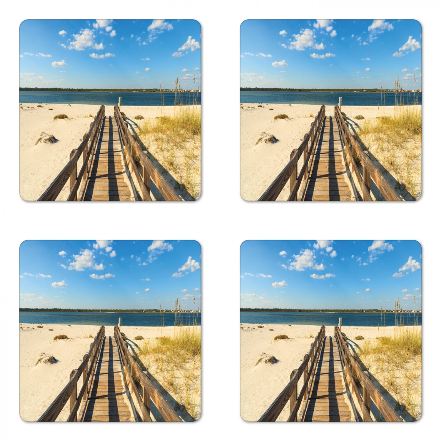 Beach Coaster Set of 4, Perdido Beach and Long Pier Deck over Sand Gulf ...