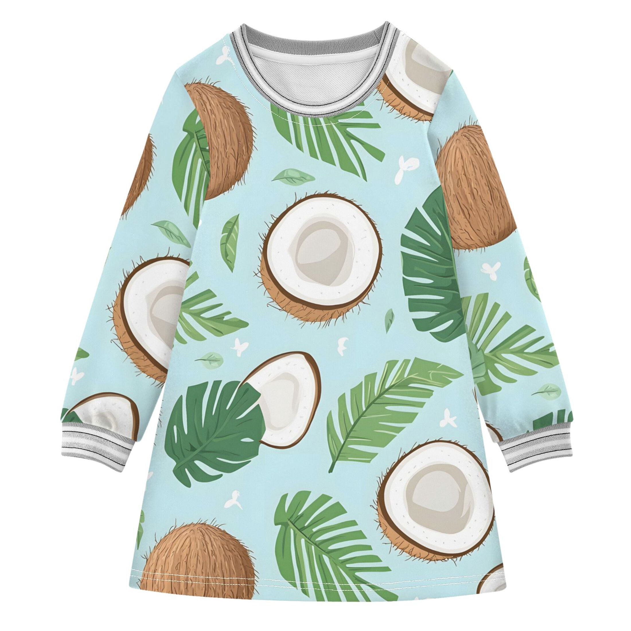 Beach Coconut Pattern Girls'long-sleeved dress Thickened A-dress Warm ...