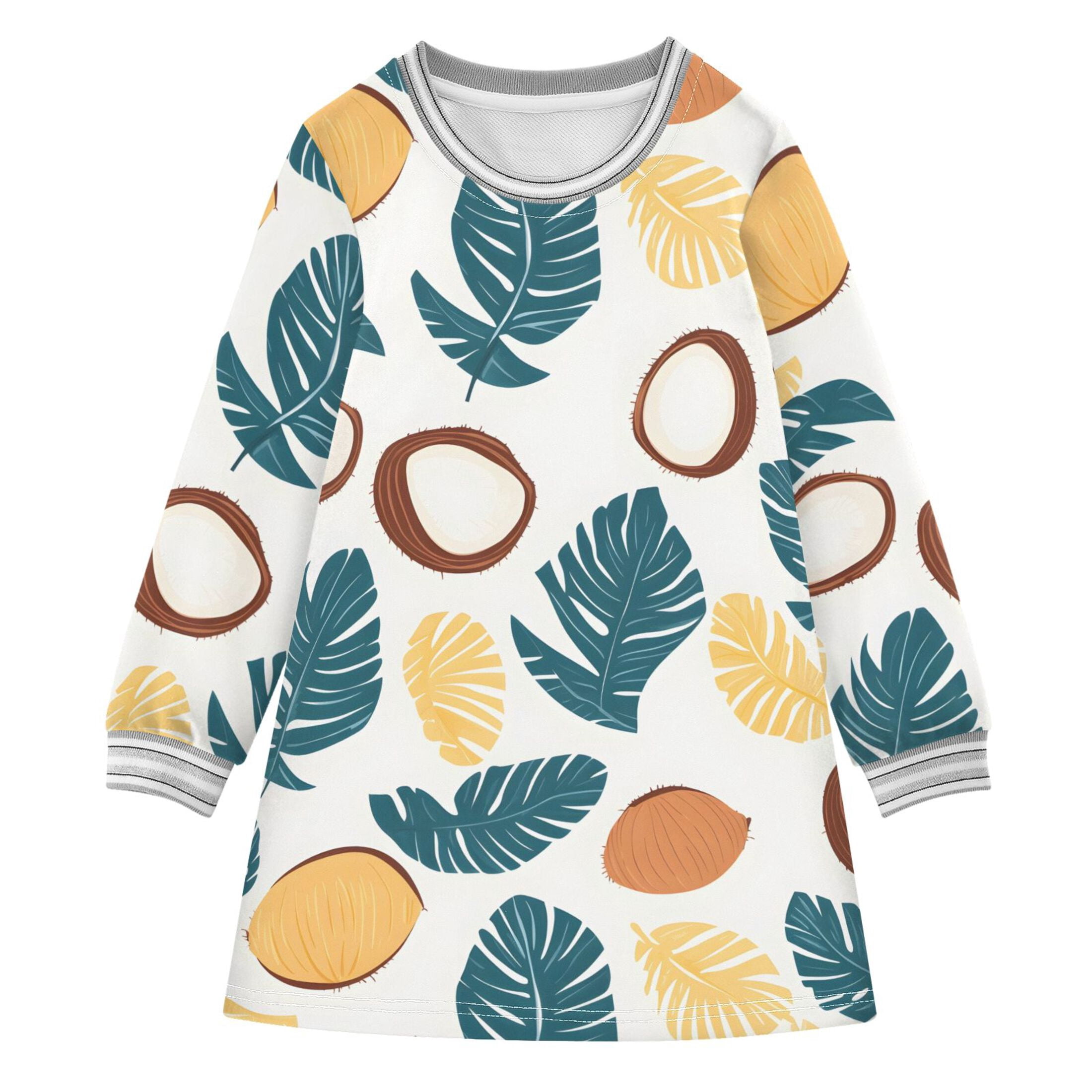 Beach Coconut Pattern Girls'long-sleeved dress Thickened A-dress Warm ...