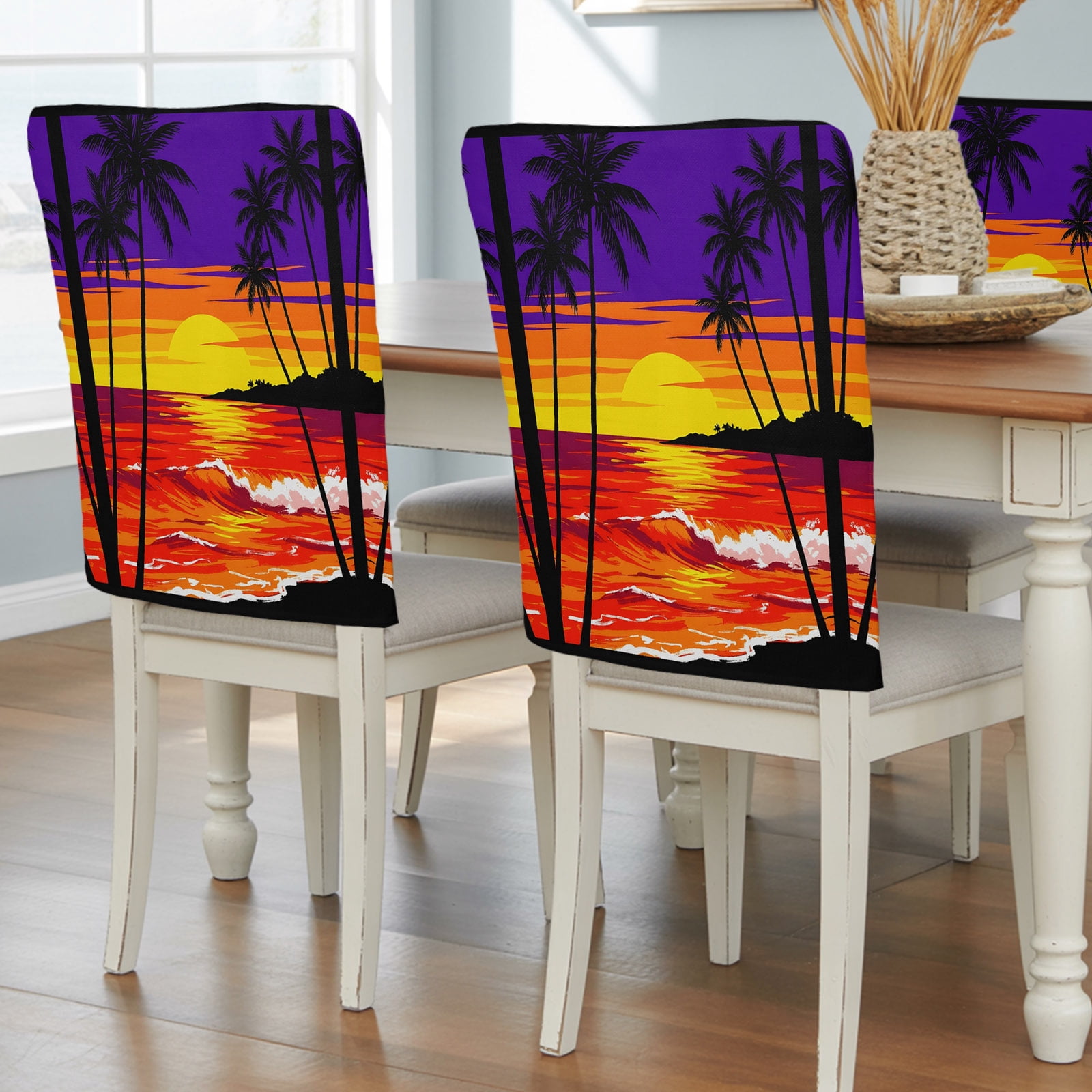 Beach Coconut Tree Ocean Sunset Chair Covers Set of 8 Watercolor Style ...