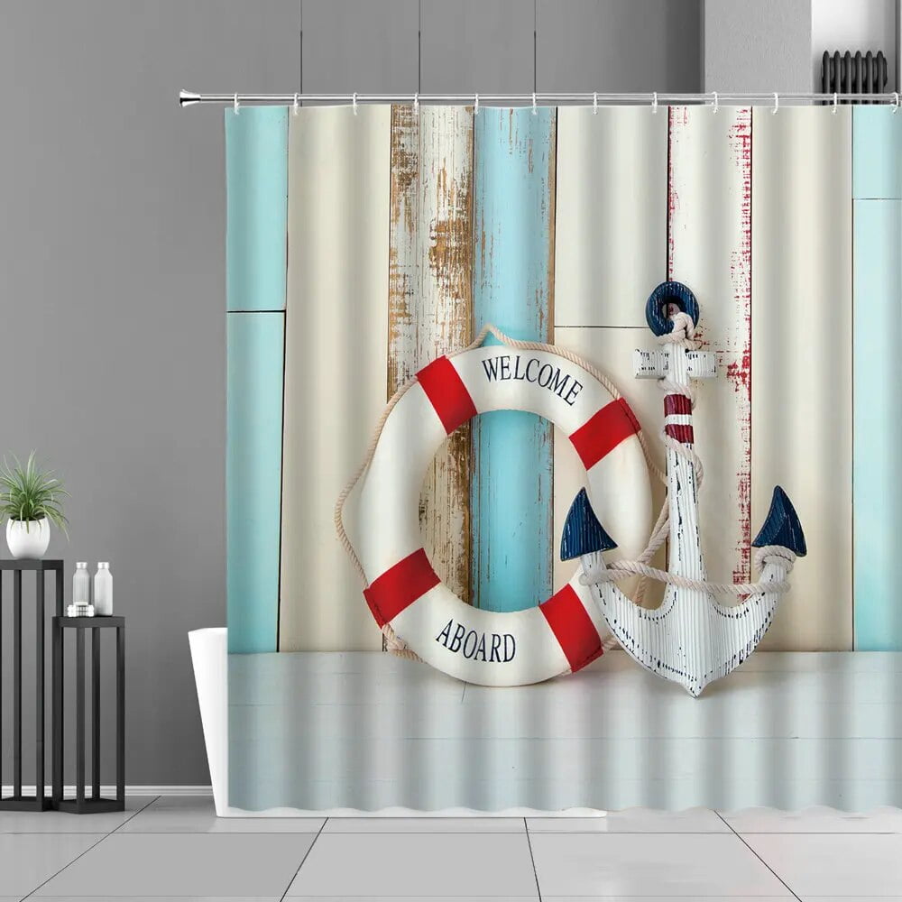 Beach Coconut Tree Shower Curtain Starfish Wooden Board Nautical Anchor ...