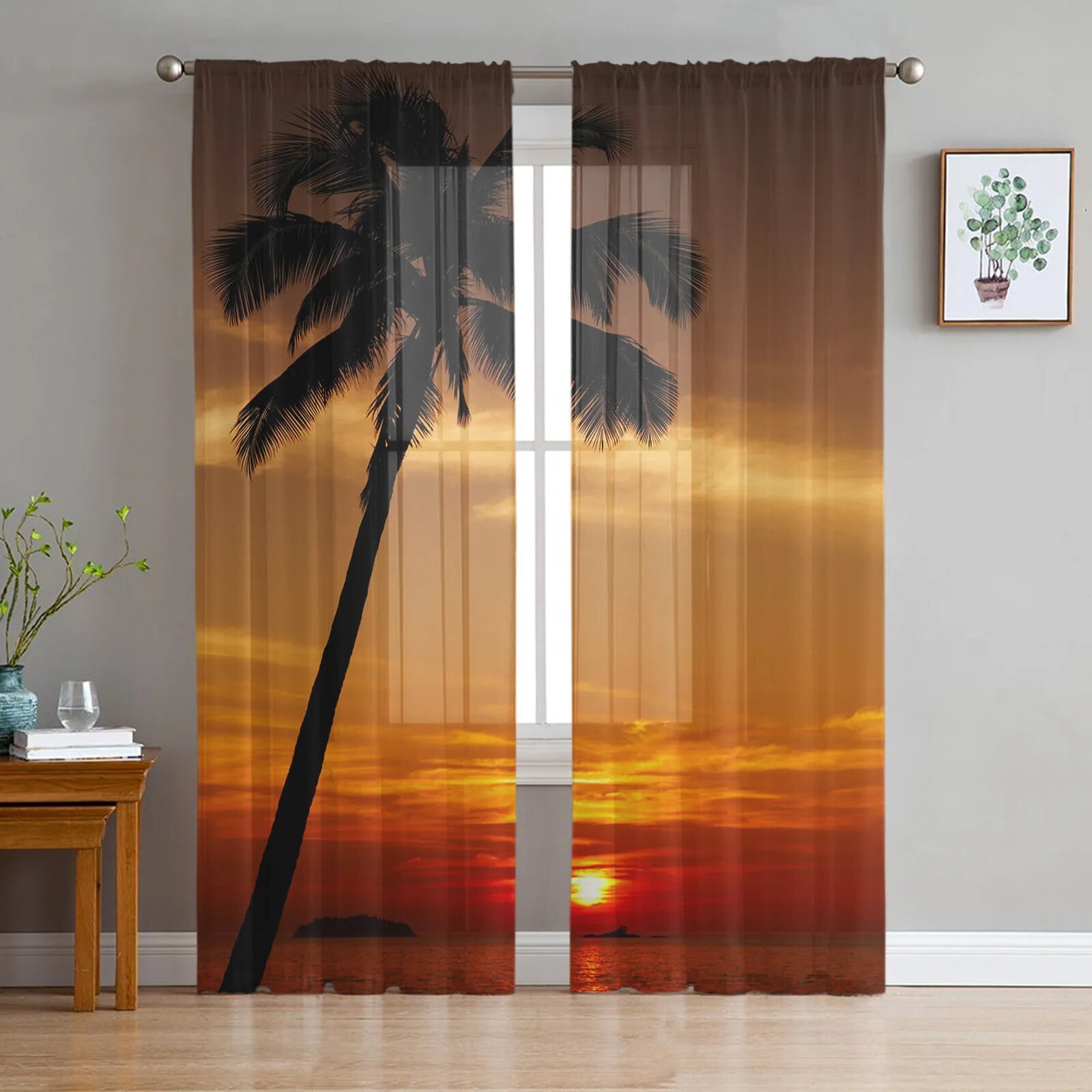 Beach Coconut Tree Sunset Modern Printed Tulle Curtains for Bedroom ...