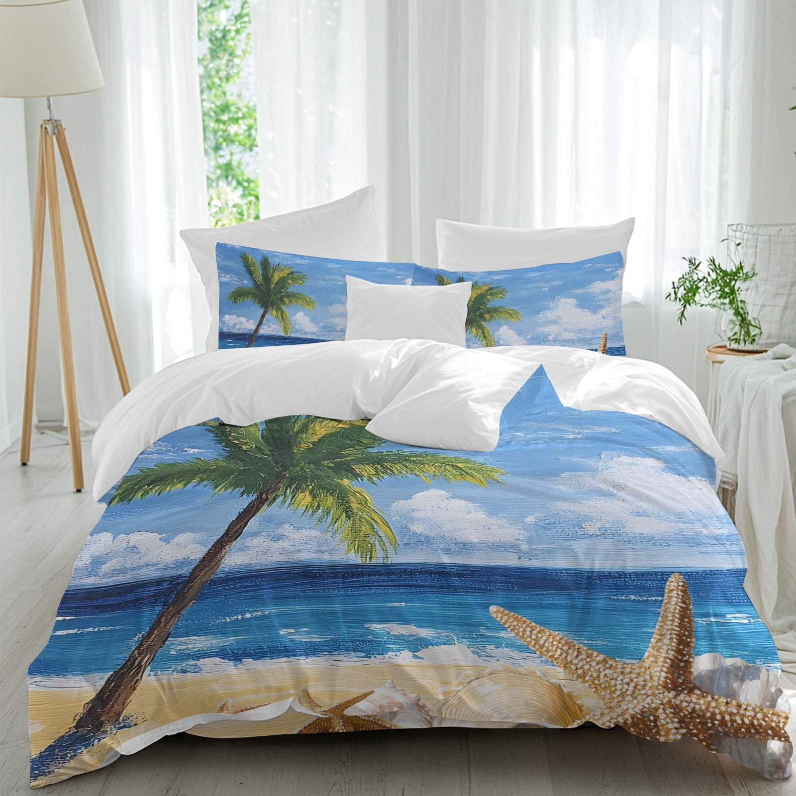 Beach Coconut Trees Ocean Starfish Shell Full Size Bed Set,Watercolor ...