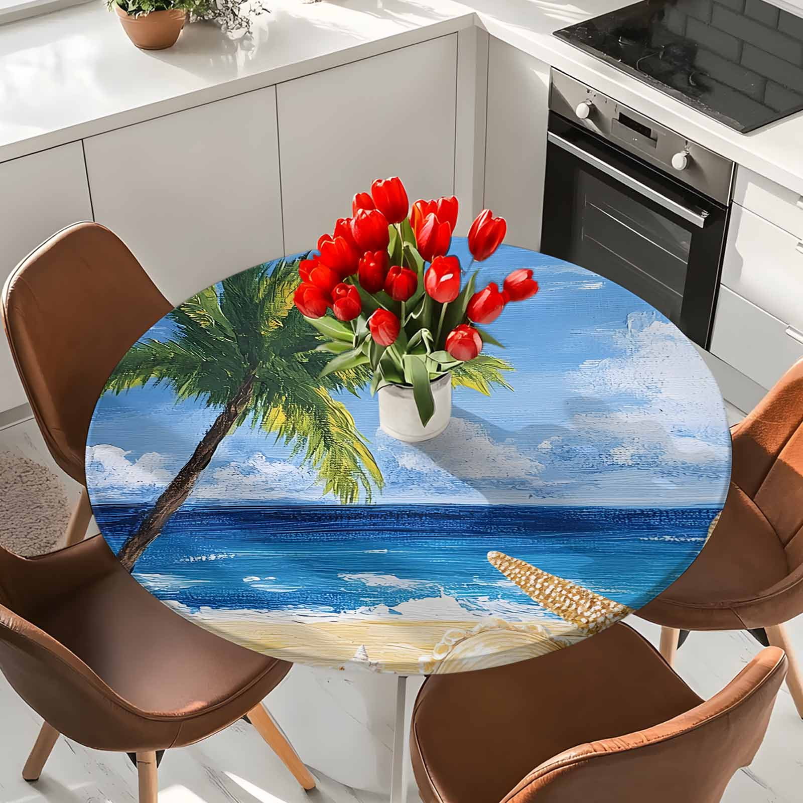 Beach Coconut Trees Ocean Starfish Shell Round Fitted Tablecloth with ...