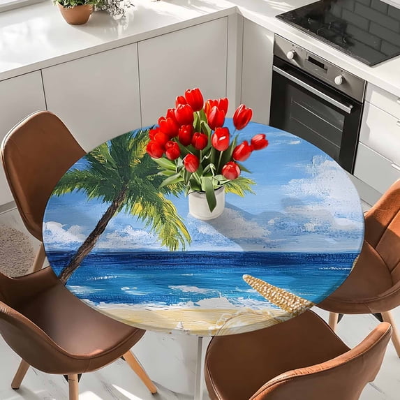 Beach Coconut Trees Ocean Starfish Shell Round Fitted Tablecloth with ...