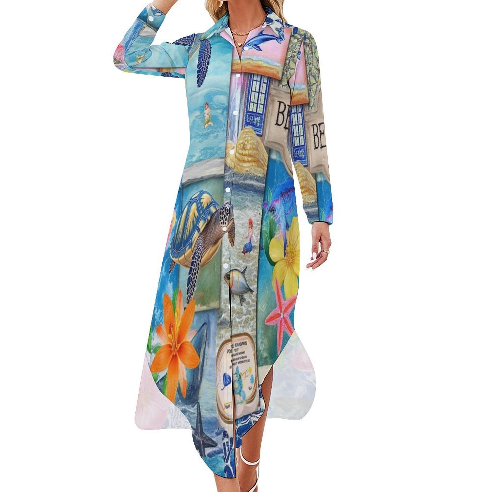 Beach Collage Tropical Paradise Fun Shirt Dress Long Sleeve Street ...
