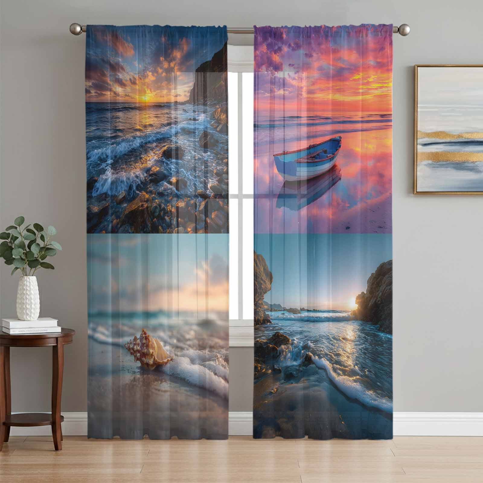Beach Conch Sheer Curtains 63 Inch Length 2 Panels Set, Ocean Boat Pink ...