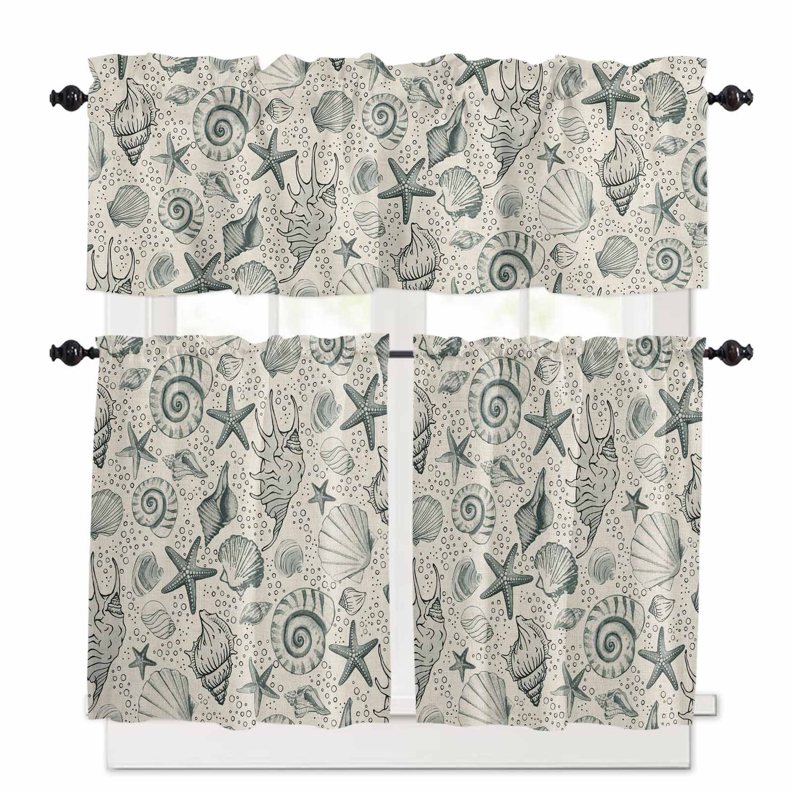 Beach Conch Starfish Kitchen Curtains and Valances Set, Rod Pocket ...