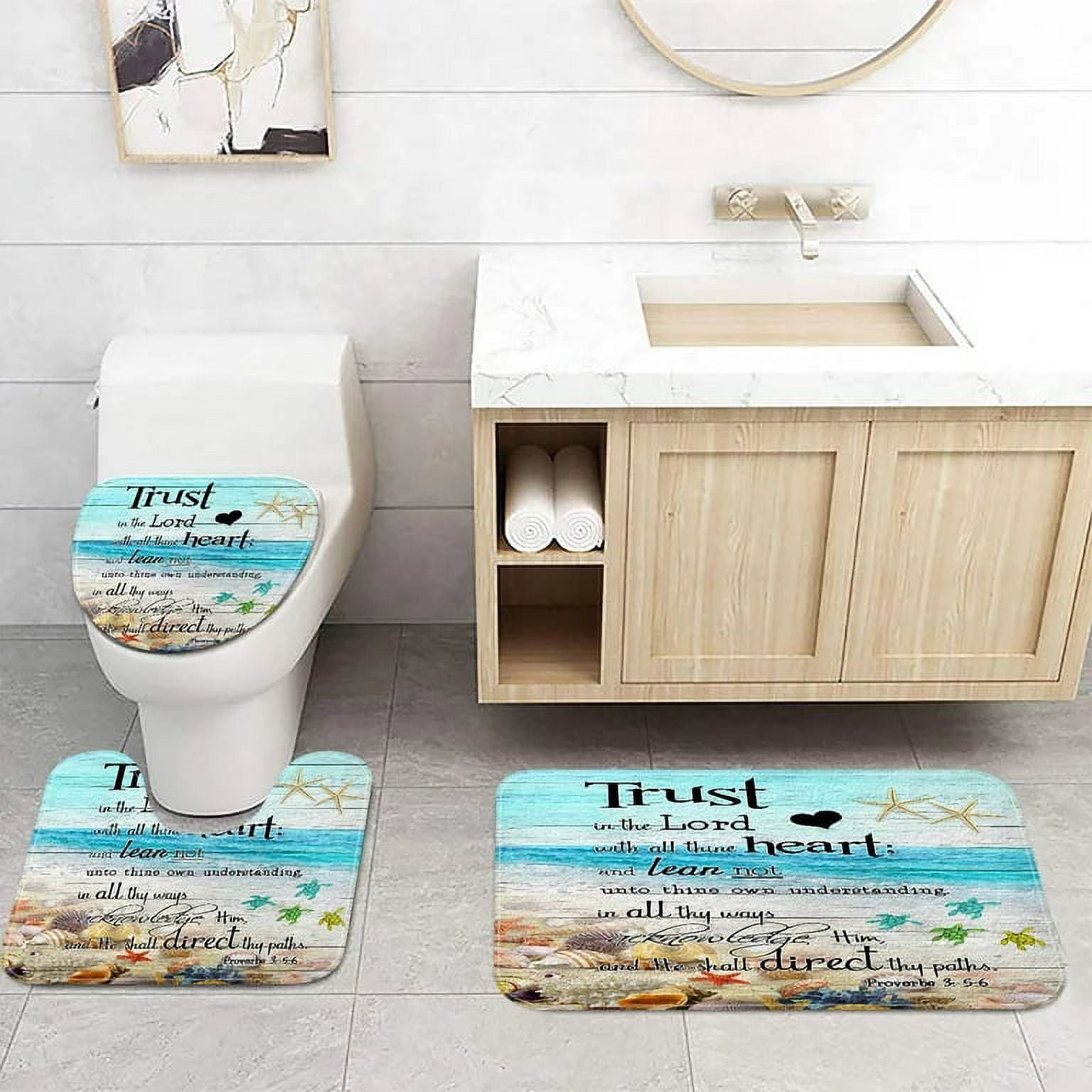 Beach Contour Mat and Toilet Lid Cover Sets, Coastal Ocean Theme Quote ...
