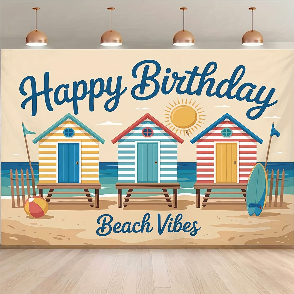 Beach Cottage Birthday Party Backdrop Colorful Beach Huts Sun Surfboard ...