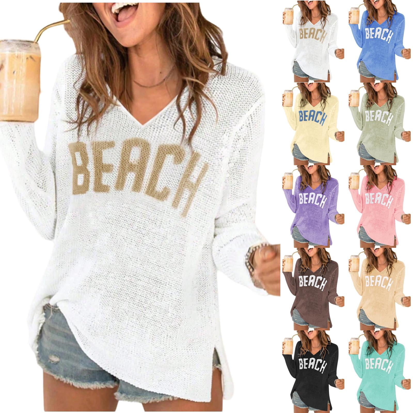 Beach Cover Up Sweaters for Women Letter Print Long Sleeve Crochet Tops ...