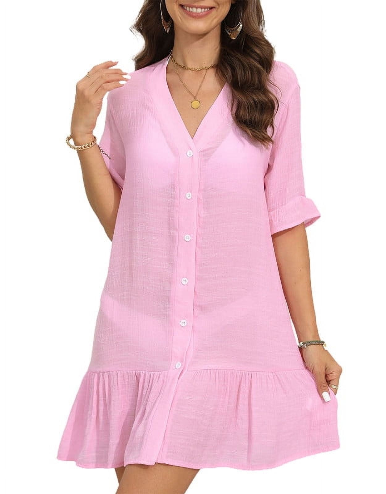 Beach Cover Up for Women 2025 V-Neck Button Down Swimsuit Cover Up See ...