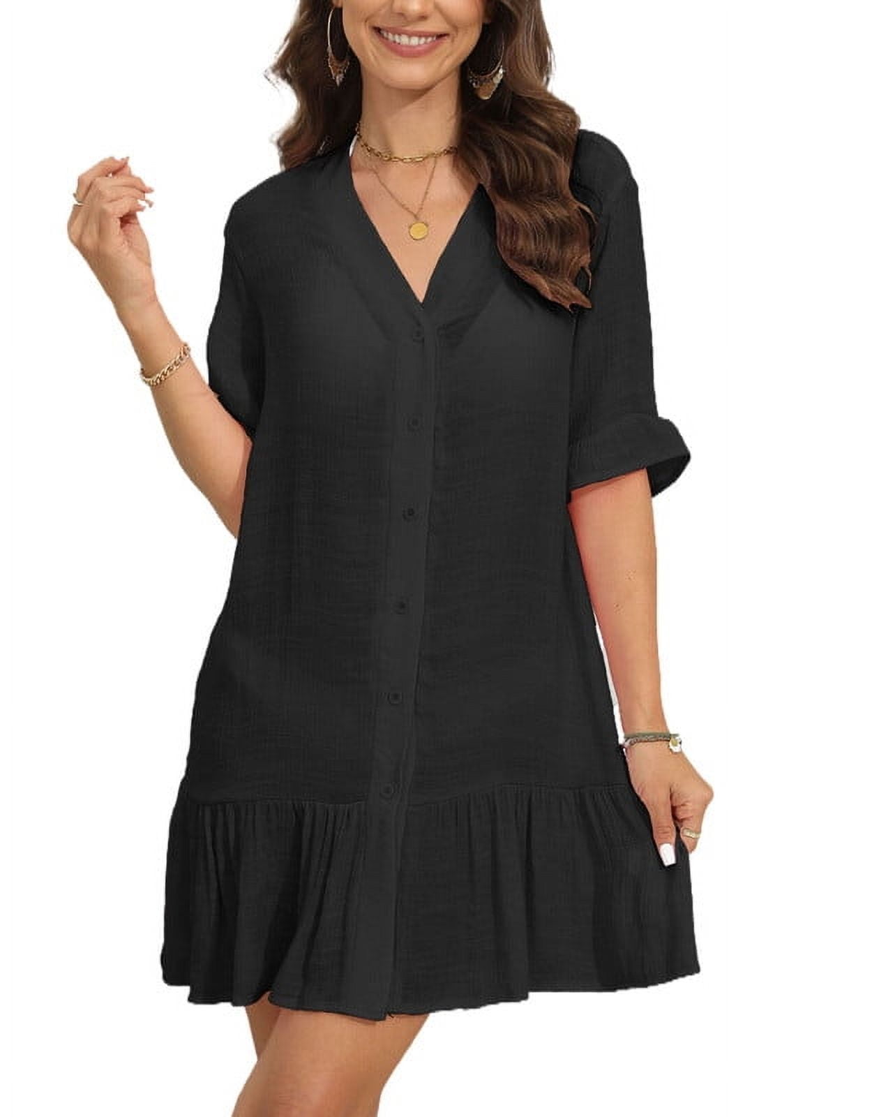 Beach Cover Up for Women 2025 V-Neck Button Down Swimsuit Cover Up See ...