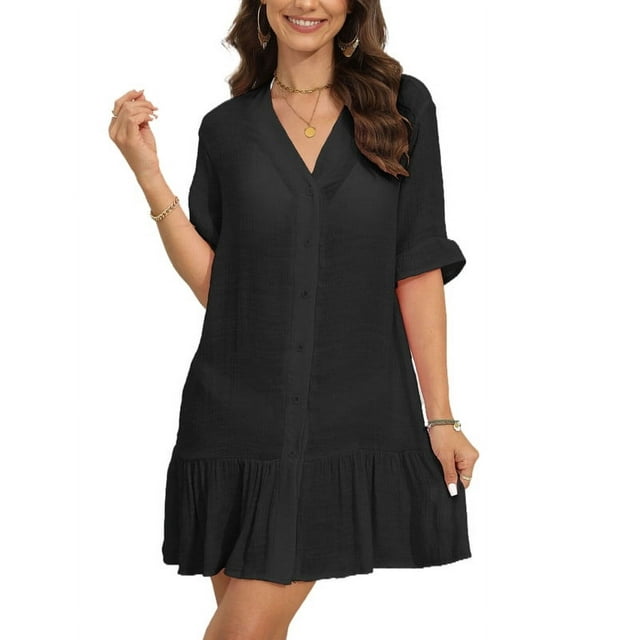 Beach Cover Up for Women 2025 V-Neck Button Down Swimsuit Cover Up See ...