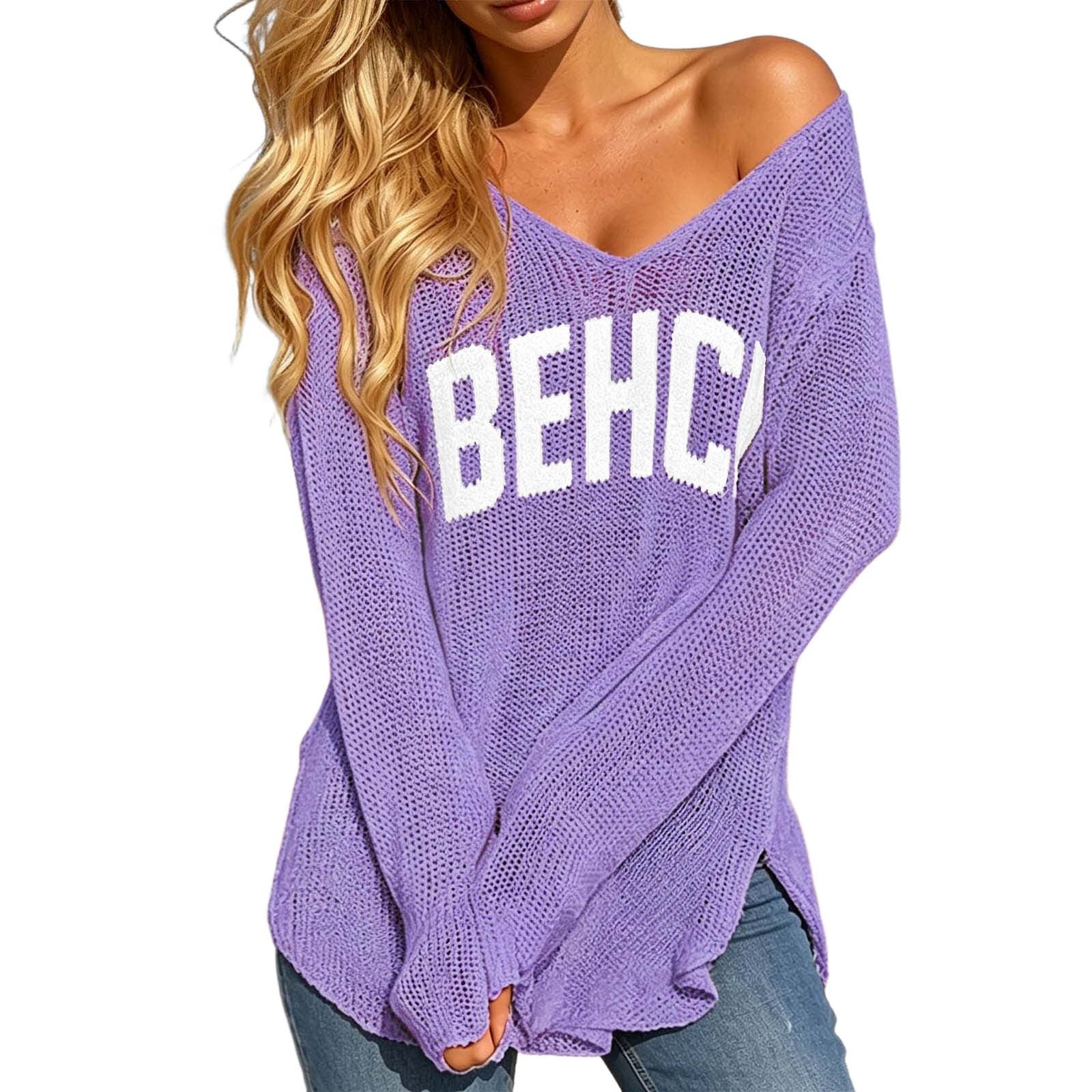 Beach Cover Up for Women Letter Print Long Sleeve V Neck Beach Sweater ...