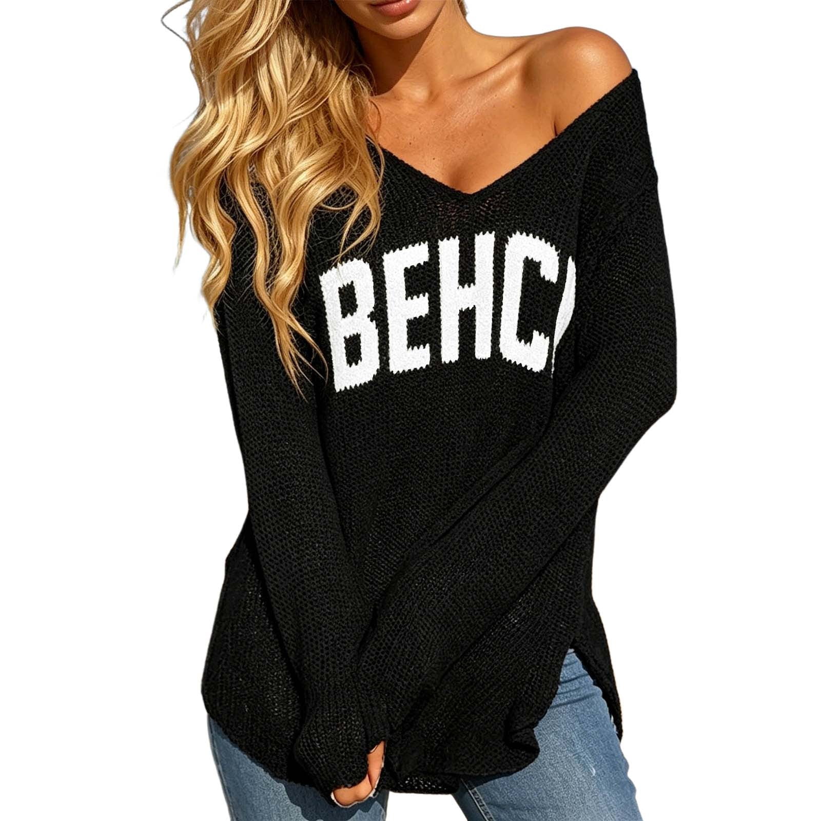 Beach Cover Up for Women Letter Print Long Sleeve V Neck Beach Sweater ...