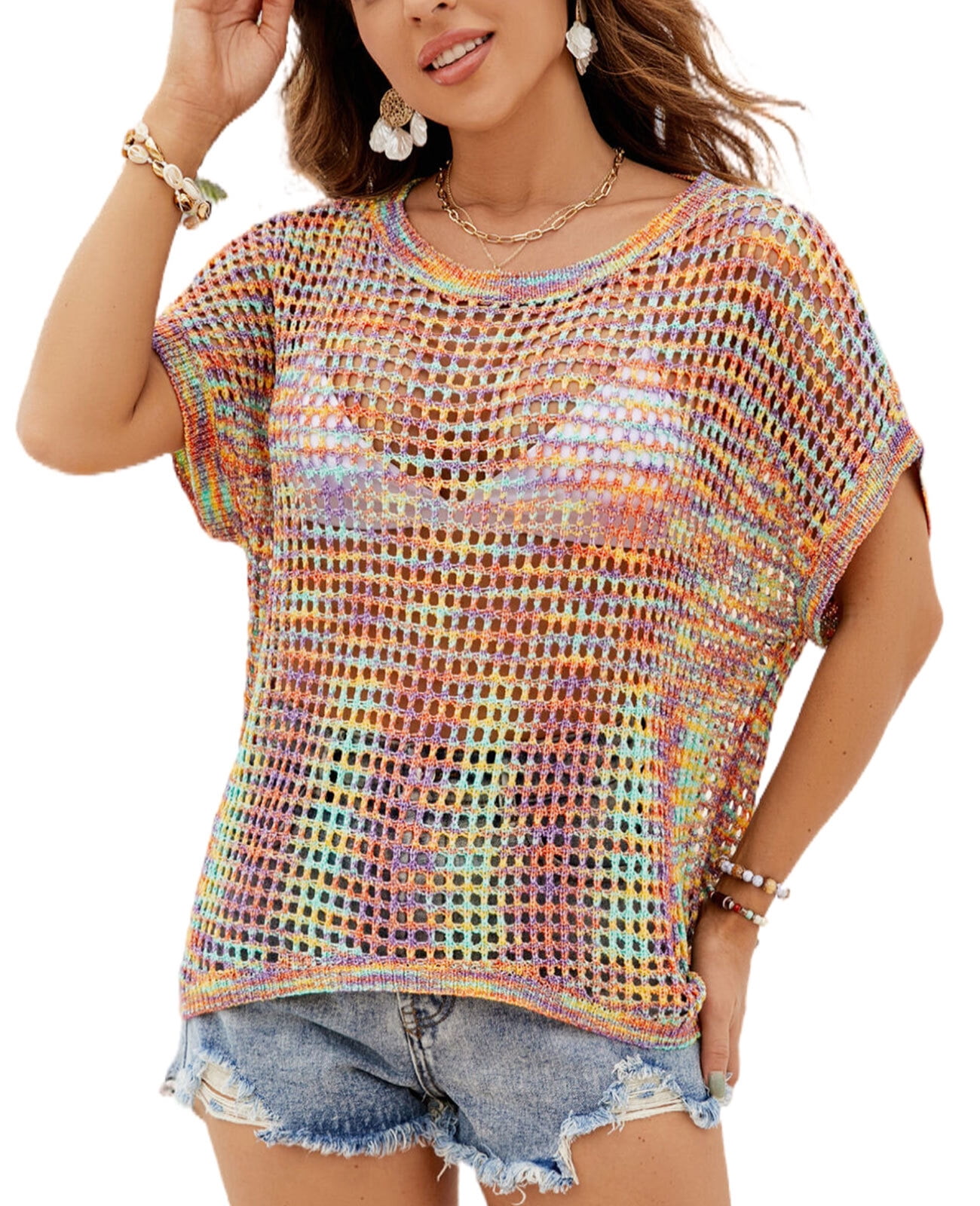 Beach Cover Up for Women Mesh Hollow Out Swimsuit Cover Up Short Sleeve ...
