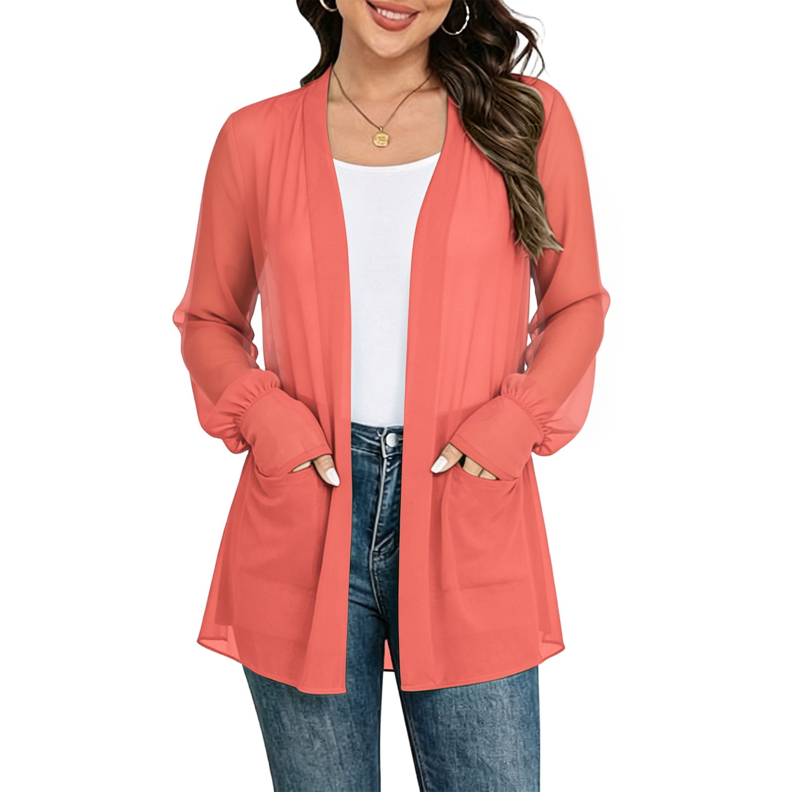Beach Cover Ups for Women Chiffon Cardigan Open Front 3/4 Sleeve Sheer ...