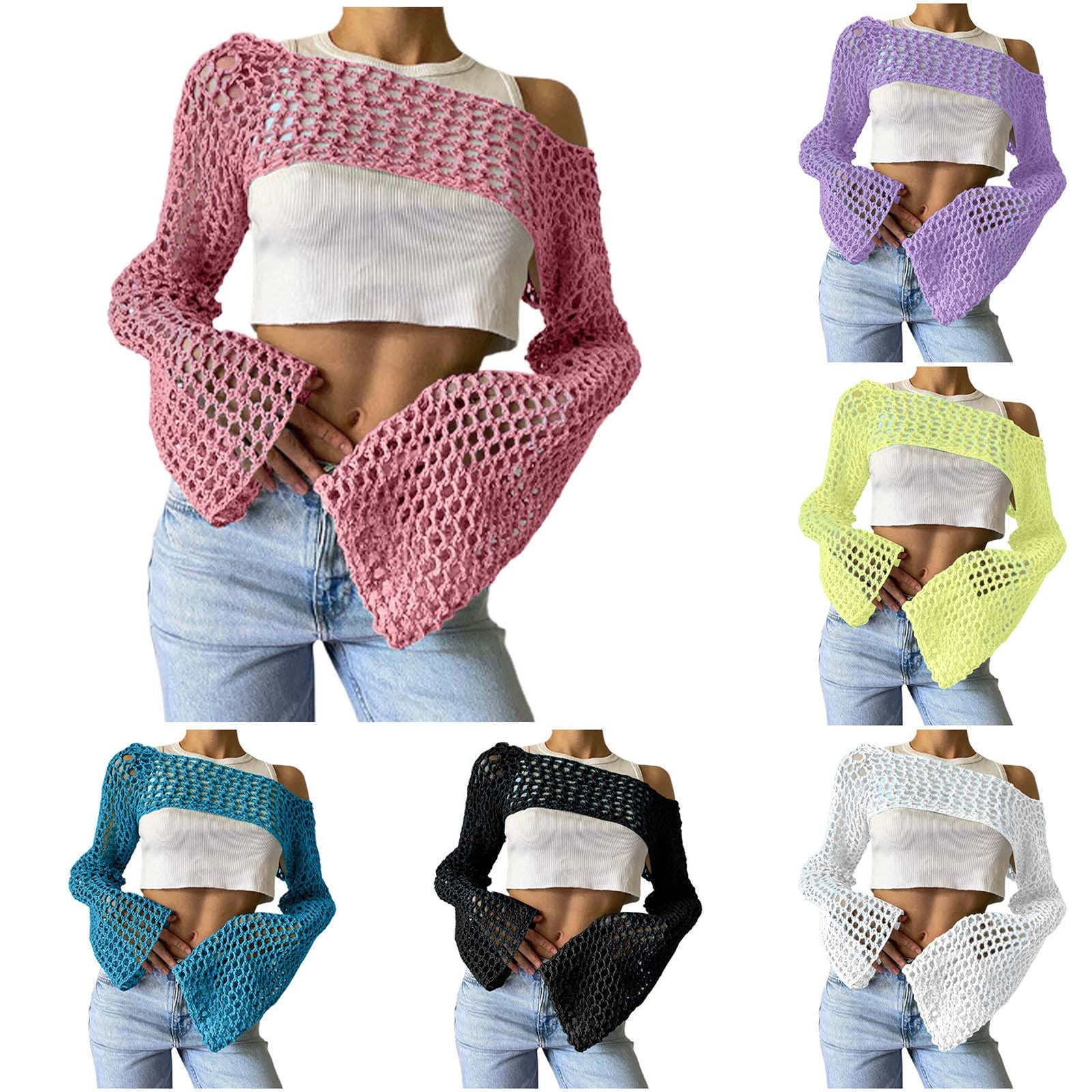 Beach Cover Ups for Women Round Neck Hollow Out Knit Long Sleeve Cover ...