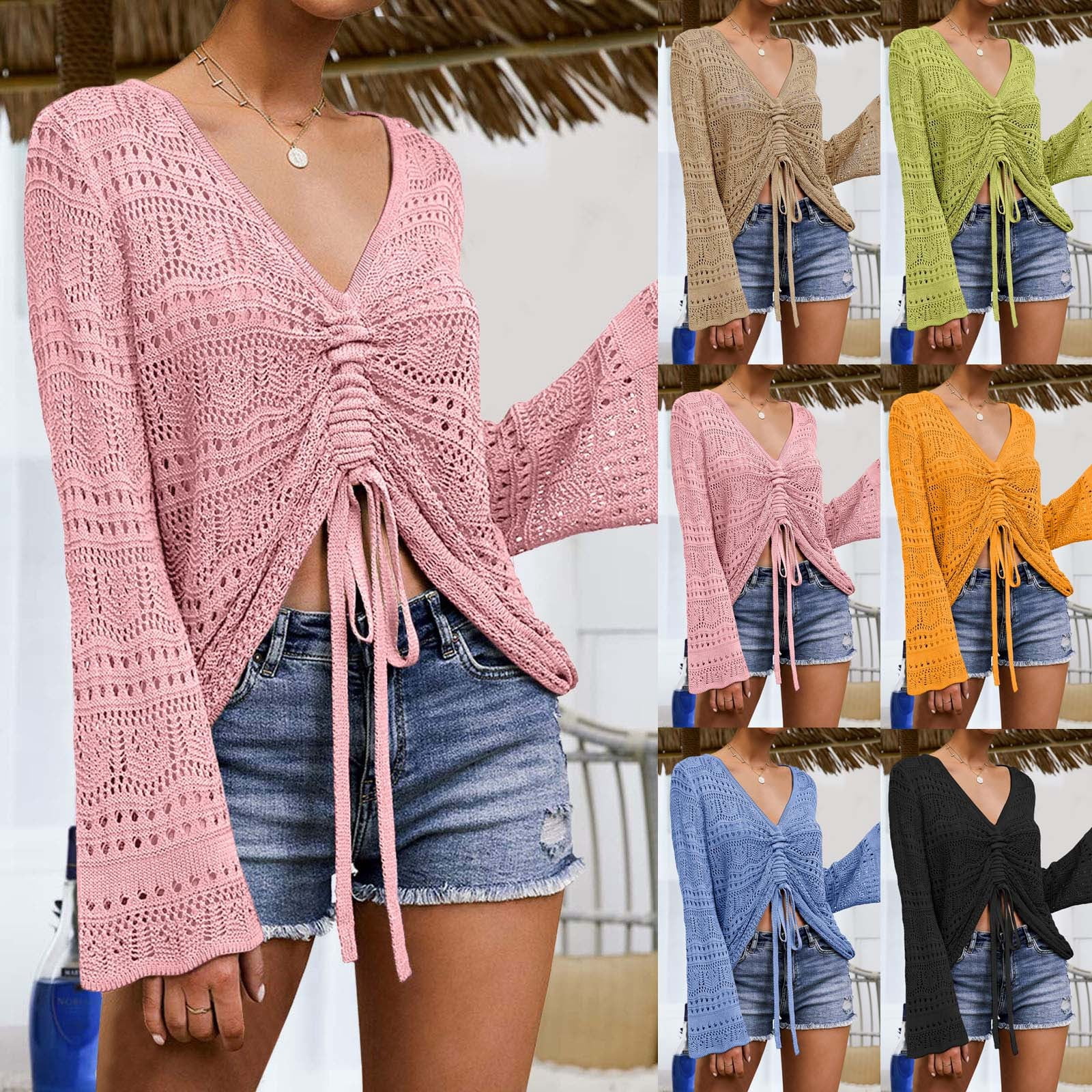 Beach Cover Ups for Women V Neck Crochet Drawstring Lace Up Beach Cover ...