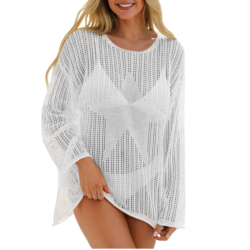 Beach Coverup for Women Crochet Long Sleeve Coverup Mesh Knit Beach ...