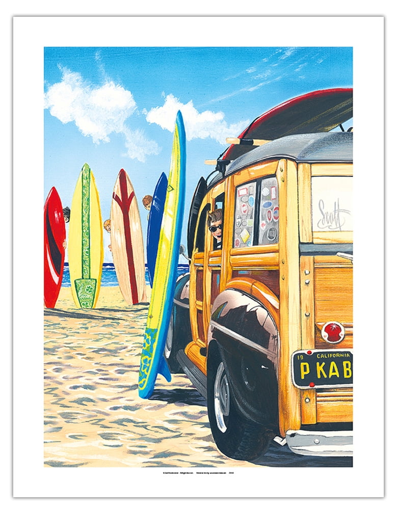 Beach Cruiser Kids - Retro Woodie on Beach with Surfboards - From an ...