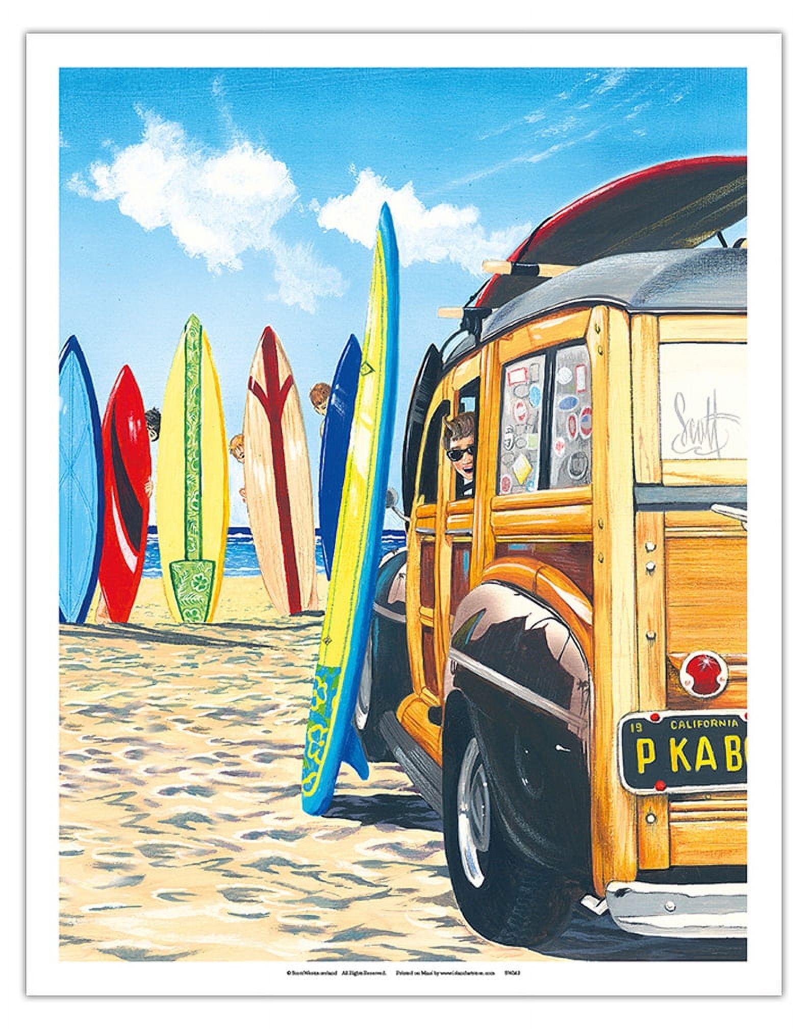Beach Cruiser Kids - Retro Woodie on Beach with Surfboards - From an ...
