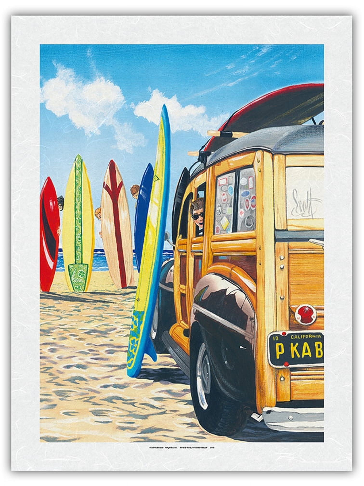 Beach Cruiser Kids - Retro Woodie on Beach with Surfboards - From an ...