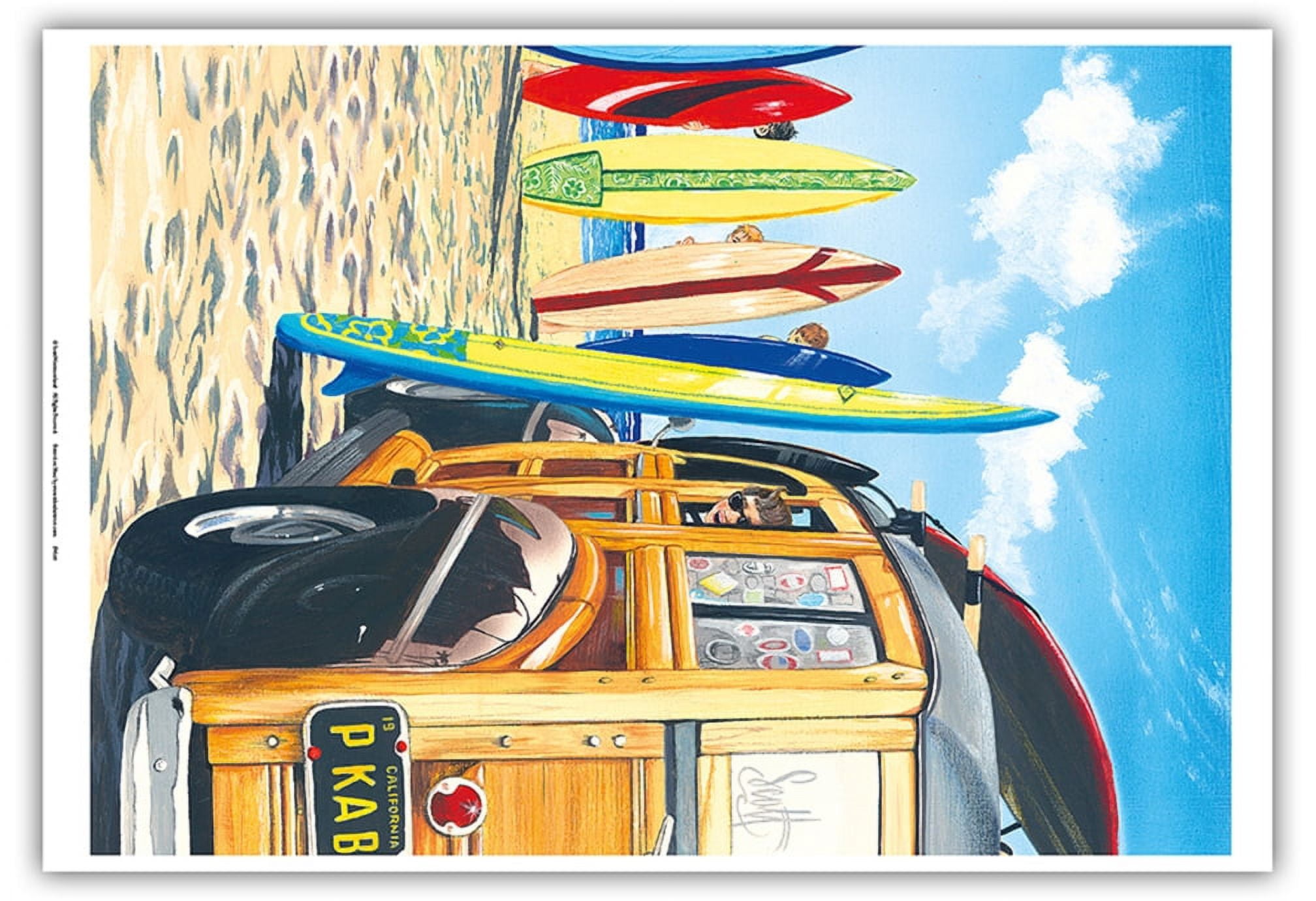 Beach Cruiser Kids - Retro Woodie on Beach with Surfboards - From an ...