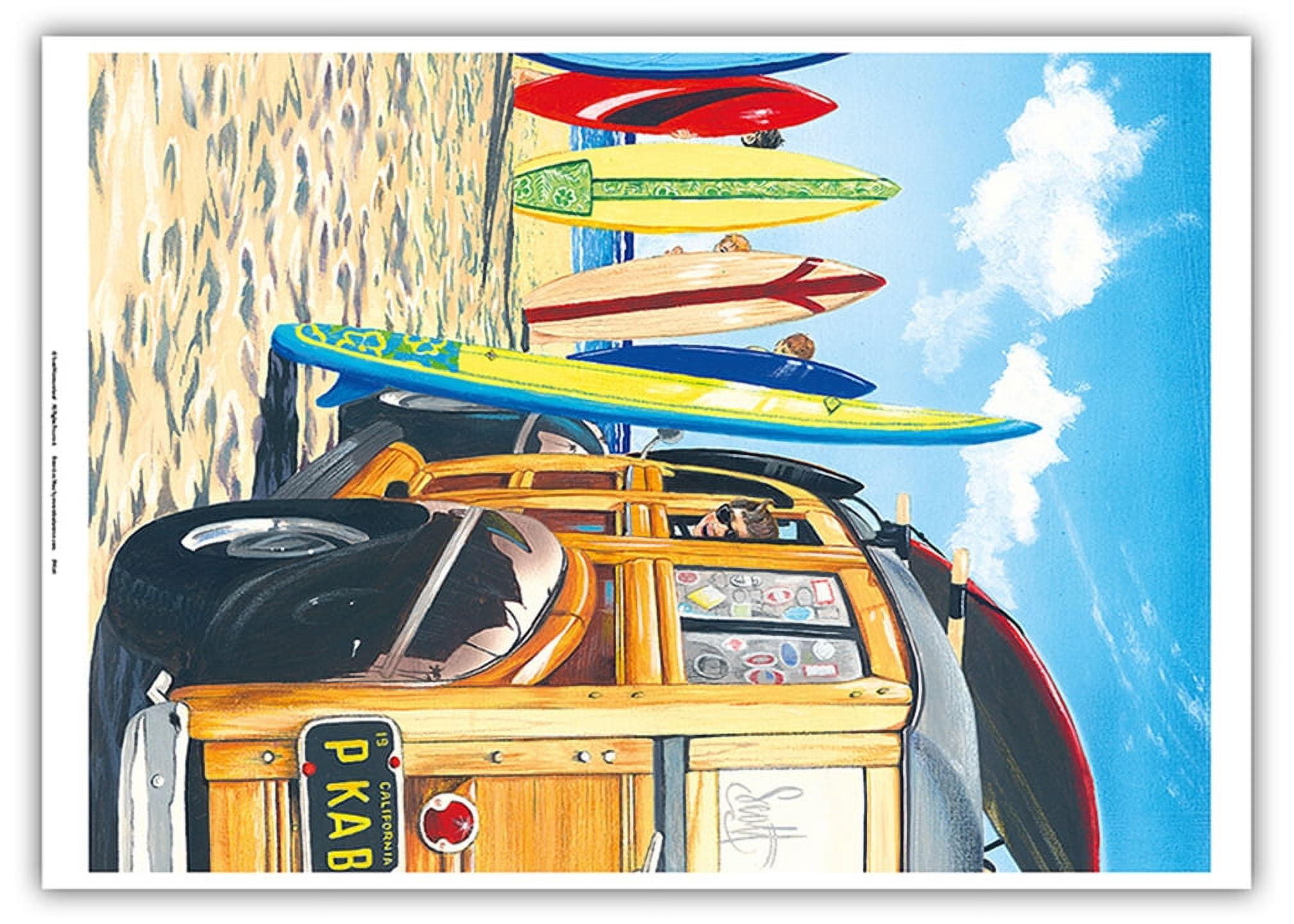 Beach Cruiser Kids - Retro Woodie on Beach with Surfboards - From an ...