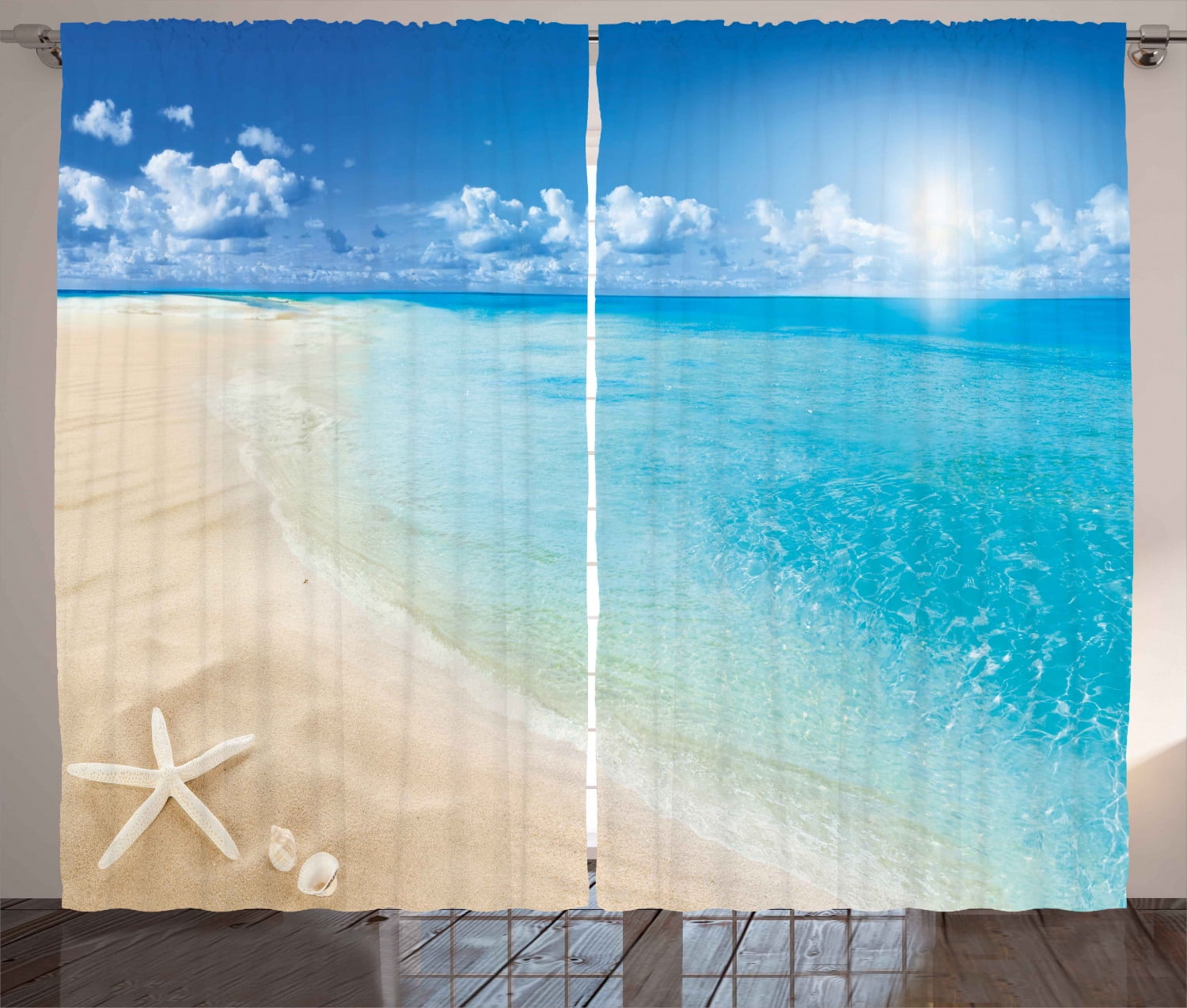 Beach Curtains 2 Panels Set, Sunny Summer Seashore with Clear Sky ...