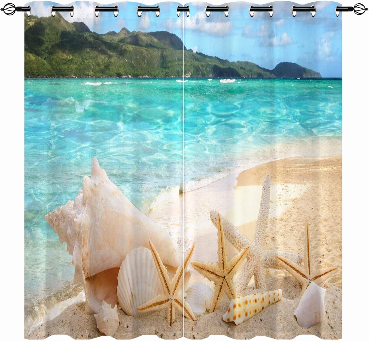 Beach Curtains, Ocean Tropical Hawaiian Island Sea Waves Starfish ...
