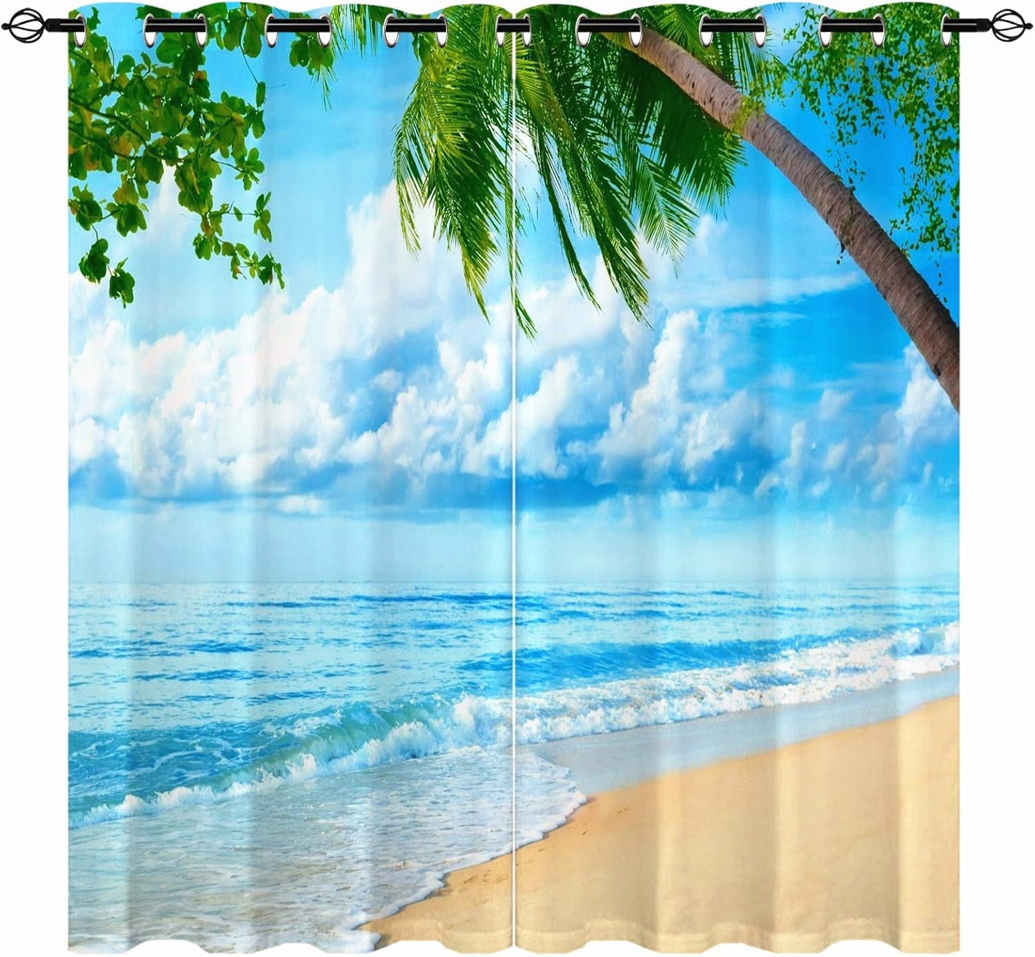 Beach Curtains, Ocean Tropical Plant Palm Trees Summer Blue Sea Waves Print Pattern Waterproof ...