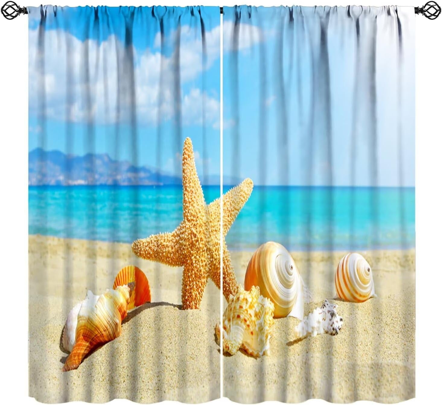 Beach Curtains Summer Tropical Beach Conch Starfish Art Printed Bedroom ...