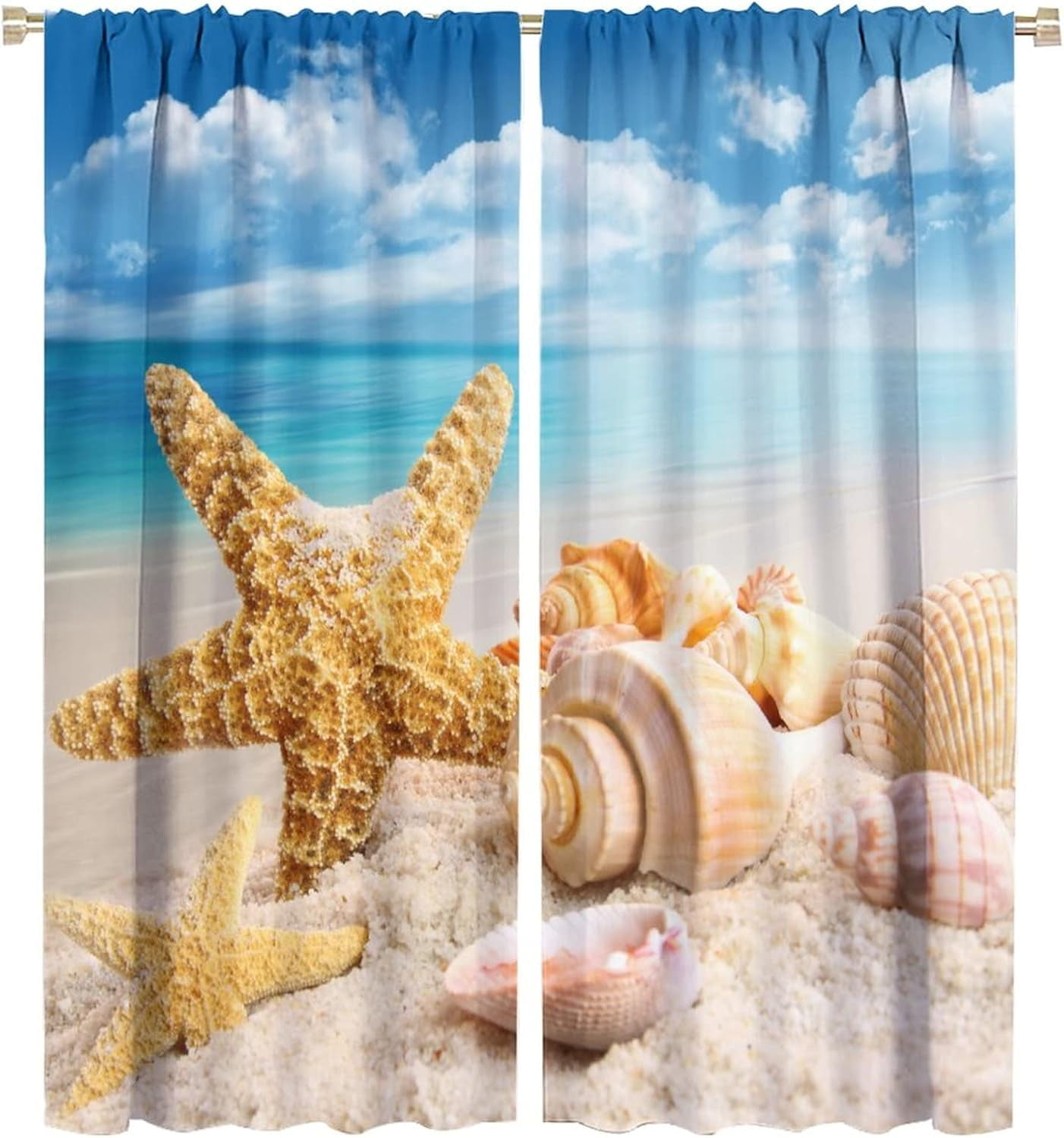 Beach Curtains Summer Tropical Beach Starfish Conch Seashell Blue Sky ...